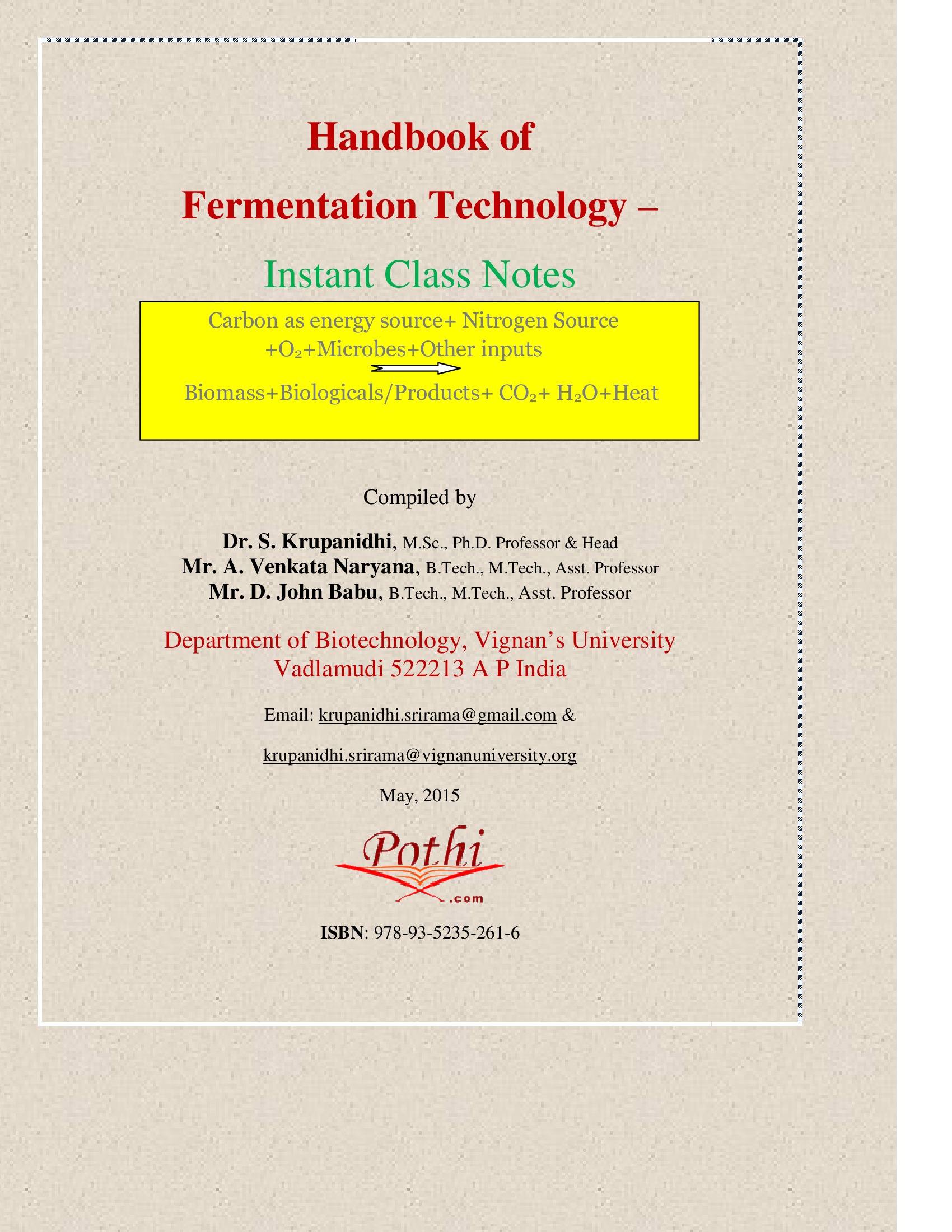 Handbook of Fermentation Technology-Instant Class Notes | Pothi.com